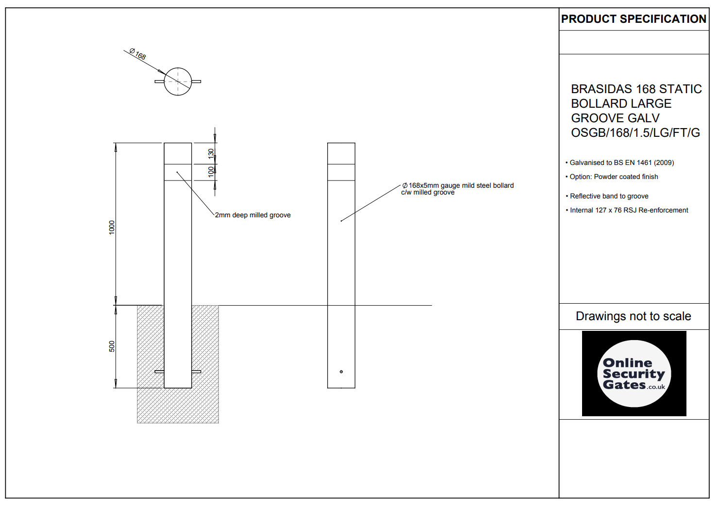 BRASIDAS 168 STATIC BOLLARD LARGE GROOVE GALV — Online Security Gates